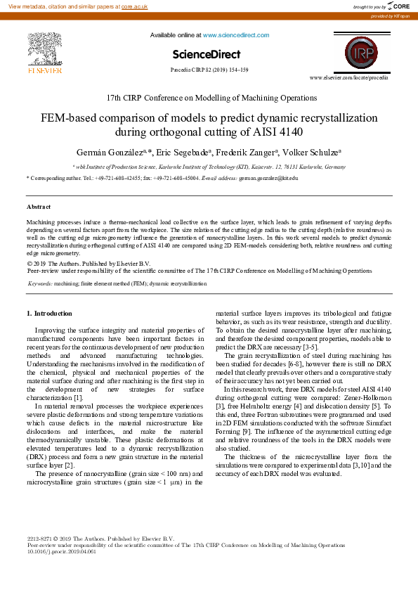 Pdf Fem Based Comparison Of Models To Predict Dynamic Recrystallization During Orthogonal
