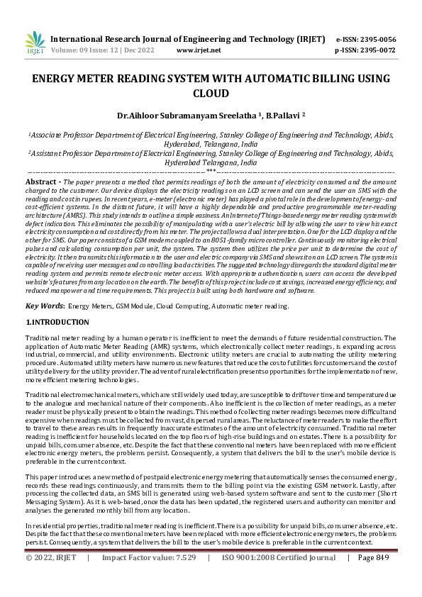 Pdf Energy Meter Reading System With Automatic Billing Using Cloud