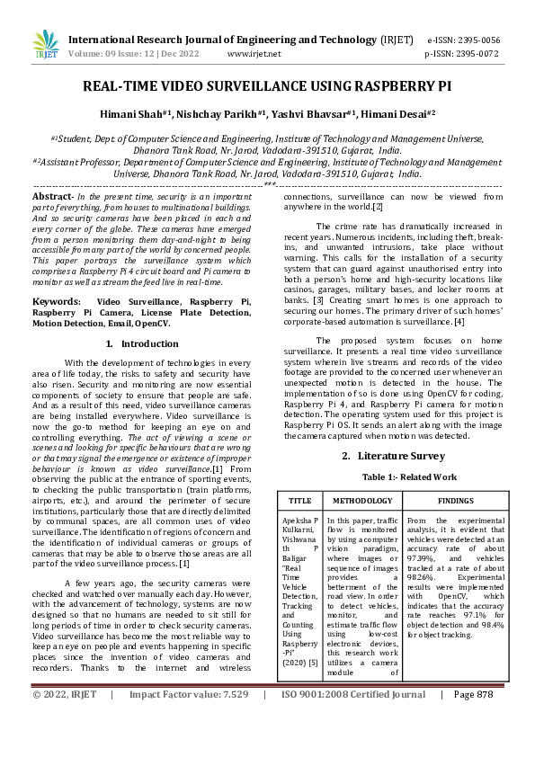 (PDF) REAL-TIME VIDEO SURVEILLANCE USING RASPBERRY PI
