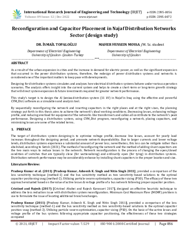 Pdf Reconfiguration And Capacitor Placement In Najaf Distribution