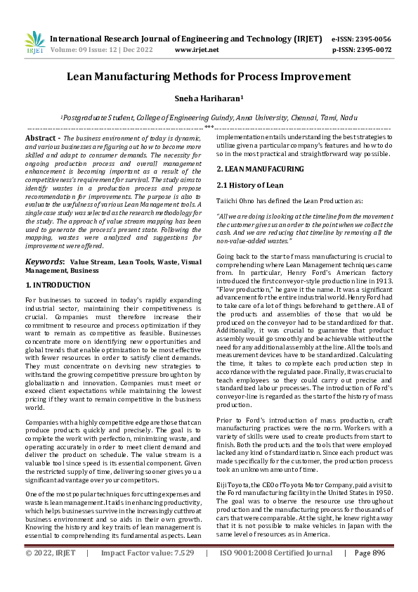 Pdf Lean Manufacturing Methods For Process Improvement