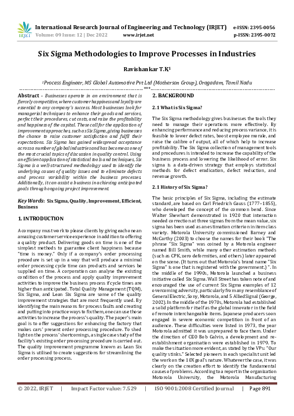 (PDF) Six Sigma Methodologies to Improve Processes in Industries