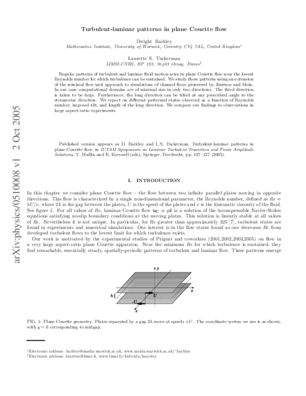 (PDF) Turbulent-Laminar Patterns in Plane Couette Flow | Laurette Tuckerman - Academia.edu
