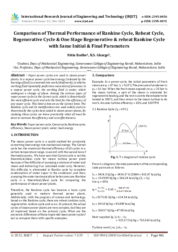 (PDF) Comparison of Thermal Performance of Rankine Cycle, Reheat Cycle ...