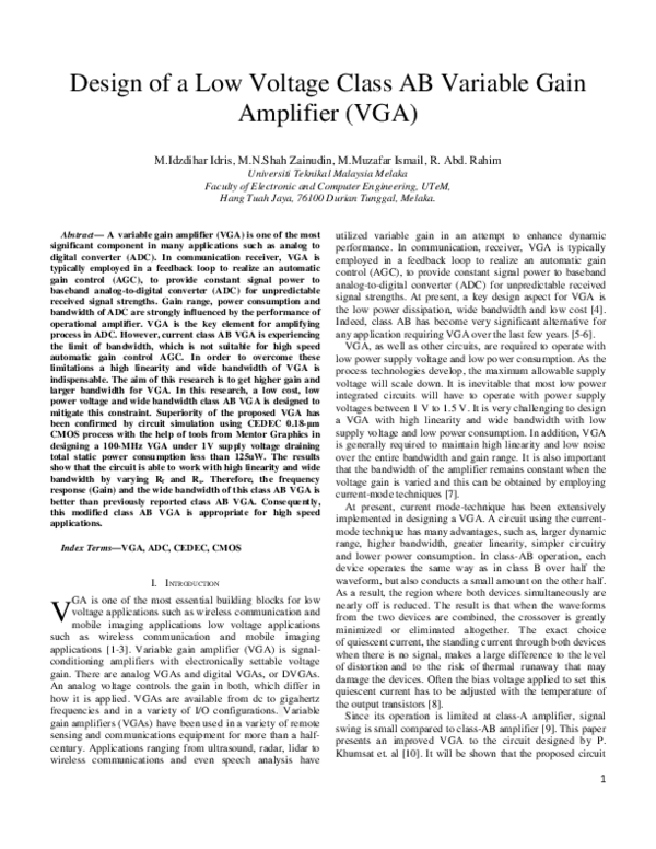 (PDF) Design of a Low Voltage Class AB Variable Gain Amplifier (VGA)
