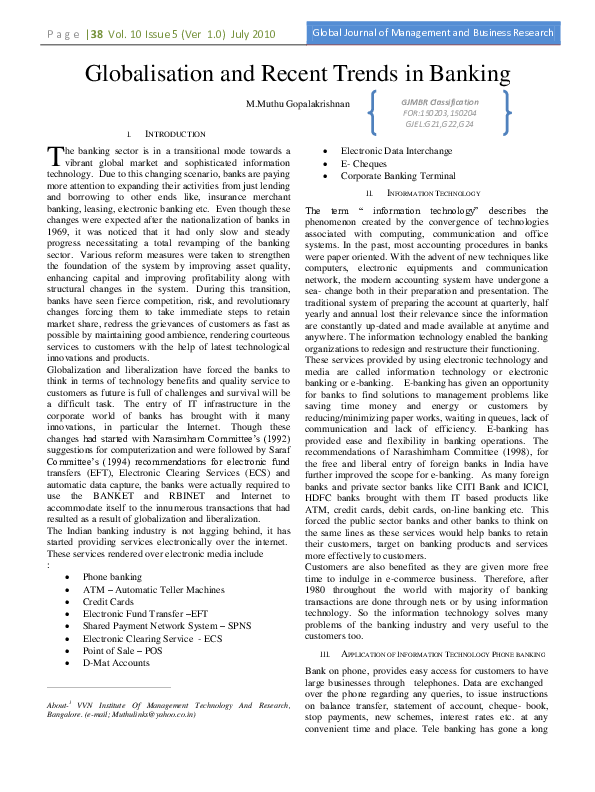 (PDF) Globalisation and Recent Trends in Banking