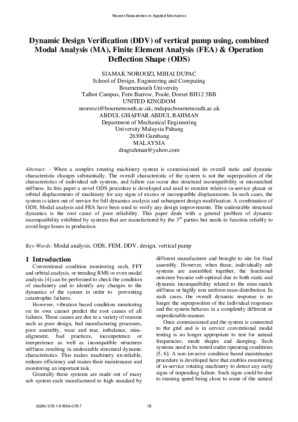 (PDF) Dynamic Design Verification (DDV) of vertical pump using, combined Modal Analysis (MA ...