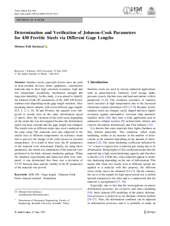 (PDF) Determination and verification of Johnson–Cook model parameters ...