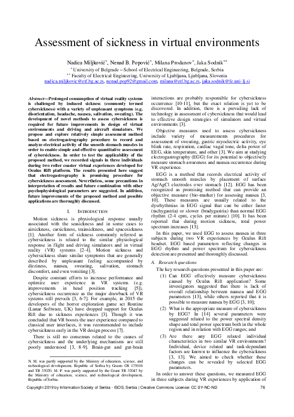 (PDF) Assessment of sickness in virtual environments