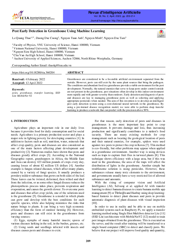 (PDF) Pest Early Detection in Greenhouse Using Machine Learning