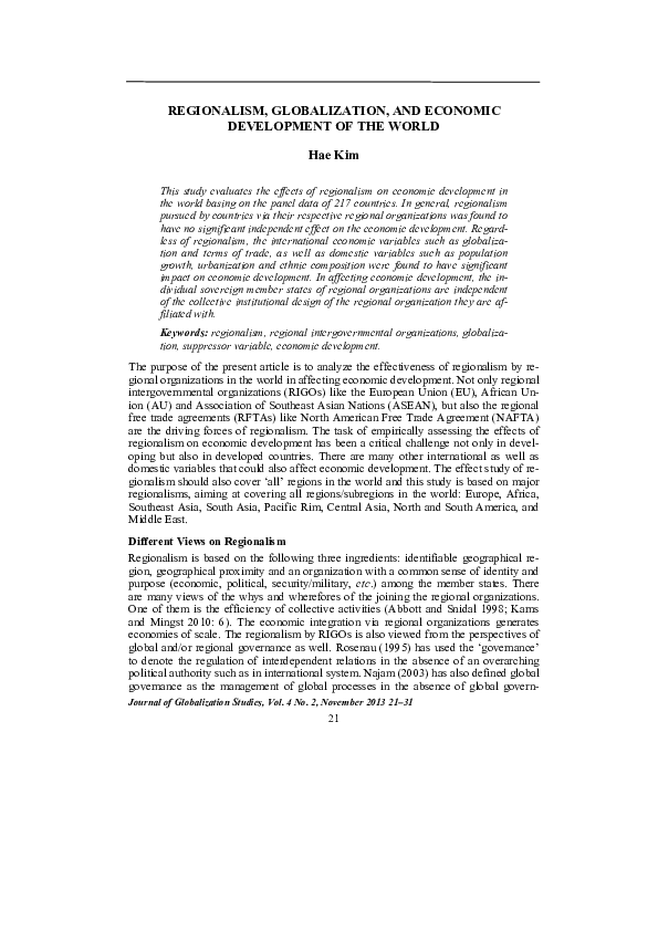 (PDF) Regionalism, Globalization, and Economic Development of the World