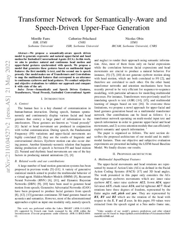 (PDF) Transformer Network for Semantically-Aware and Speech-Driven Upper-Face Generation
