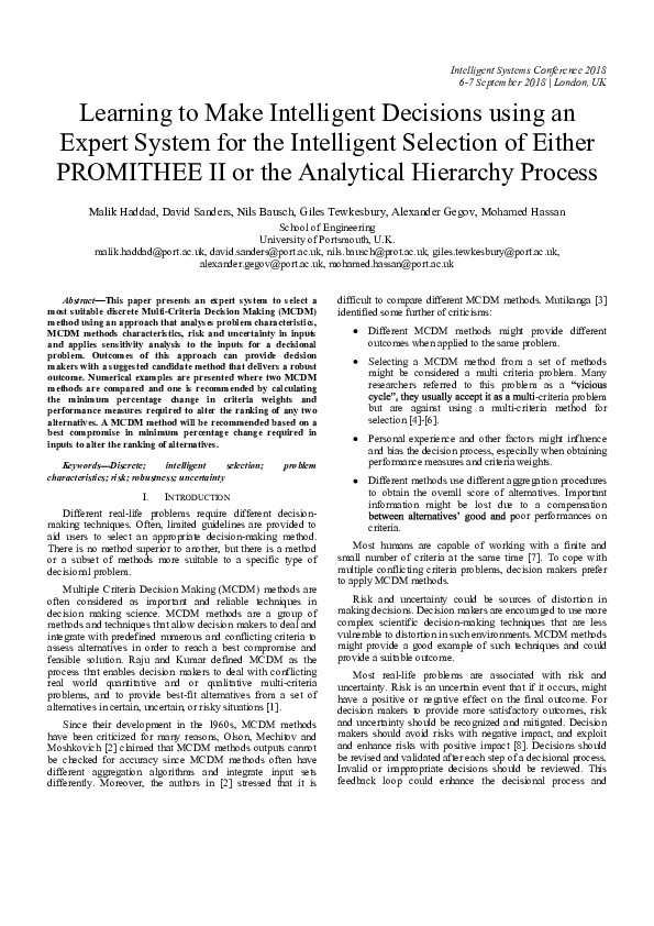 (PDF) Learning to Make Intelligent Decisions Using an Expert System for the Intelligent ...