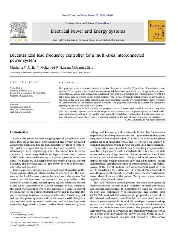 (PDF) Decentralized load frequency controller for a multi-area interconnected power system