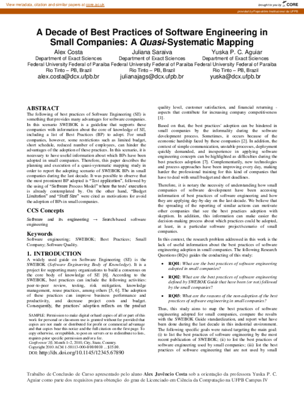 (PDF) A decade of best practices of software engineering in small ...