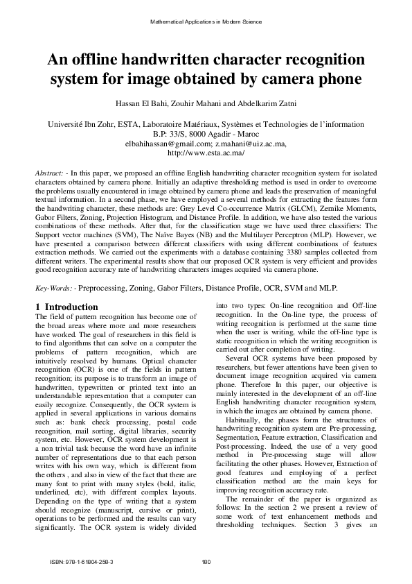 (PDF) An offline handwritten character recognition system for image obtained by camera phone ...