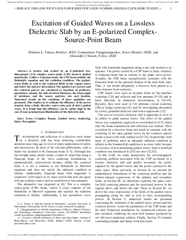 (PDF) Excitation of Guided Waves on a Lossless Dielectric Slab by an E-Polarized Complex Source ...