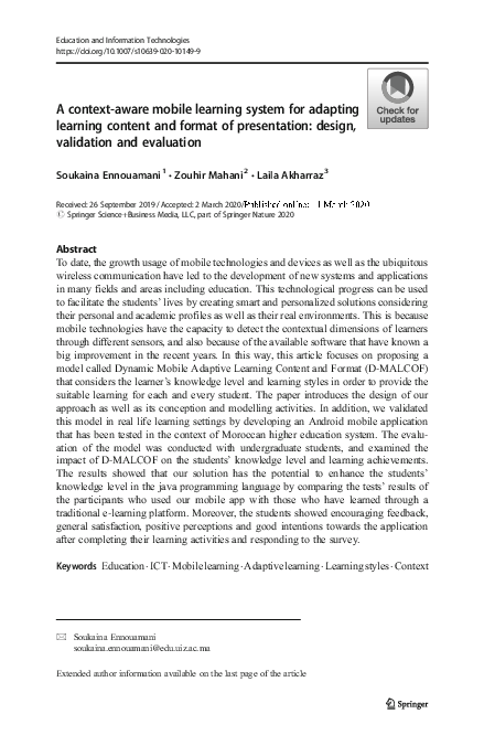 (PDF) A context-aware mobile learning system for adapting learning content and format of ...