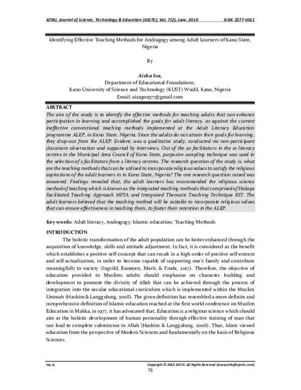 (PDF) Identifying Effective Teaching Methods for Andragogy among Adult Learners of Kano State ...