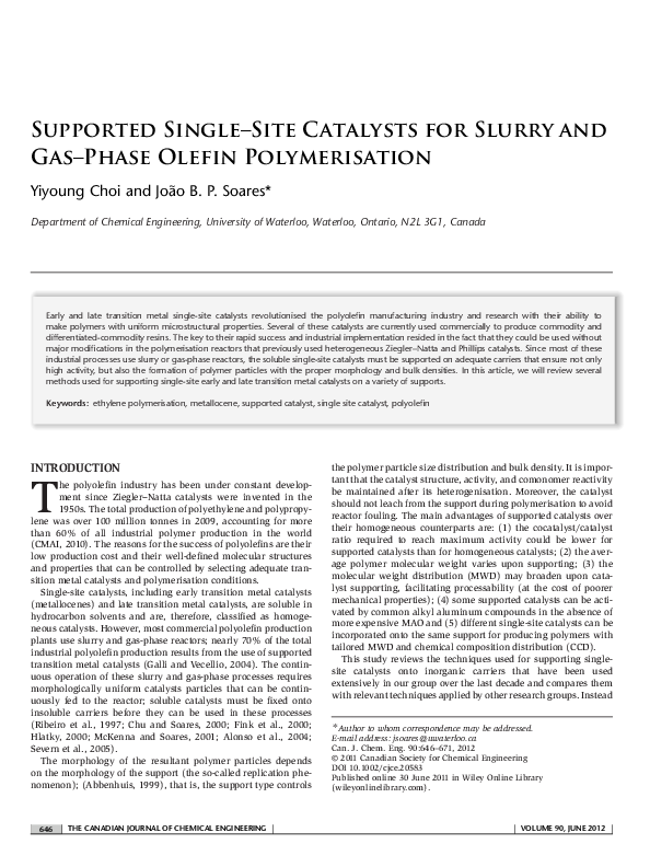 (PDF) Supported single-site catalysts for slurry and gas-phase olefin ...