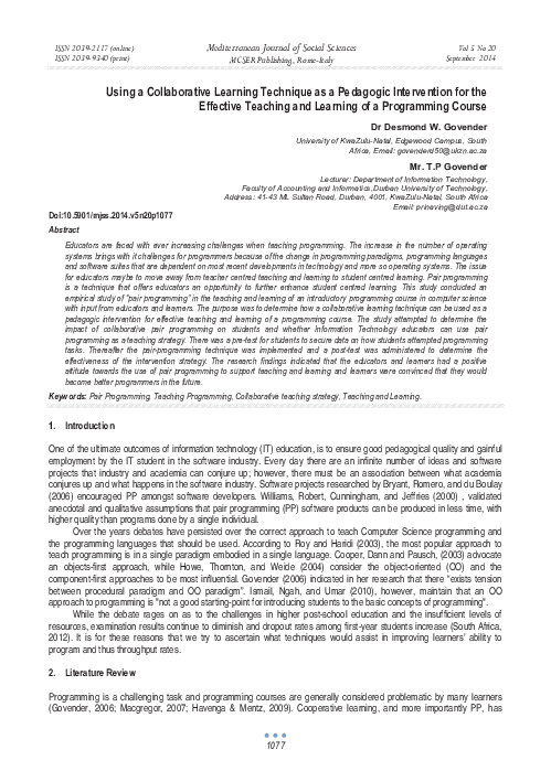 Using a Collaborative Learning Technique as a Pedagogic Intervention for the Effective Teaching ...