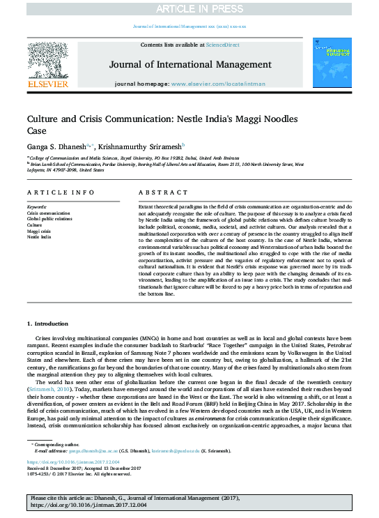 (PDF) Culture and Crisis Communication: Nestle India's Maggi Noodles Case