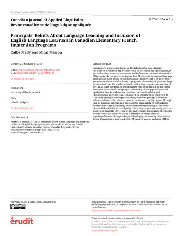(PDF) Principals’ Beliefs About Language Learning and Inclusion of English Language Learners in ...