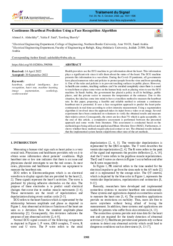 (PDF) Continuous Heartbeat Prediction Using a Face Recognition Algorithm