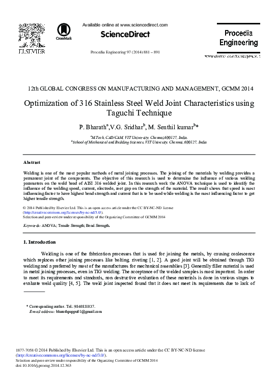 Pdf Optimization Of 316 Stainless Steel Weld Joint Characteristics Using Taguchi Technique