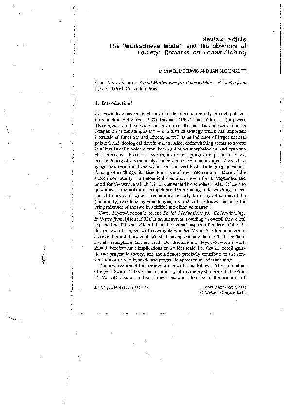 (PDF) 1994- ‘The ‘Markedness Model’ and the absence of society: Remarks ...