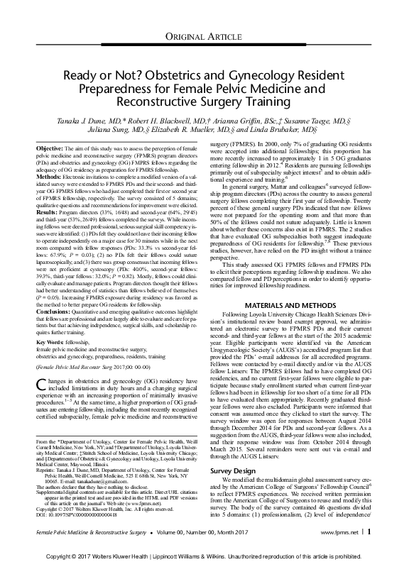 (PDF) Ready or Not? Obstetrics and Gynecology Resident Preparedness for Female Pelvic Medicine ...