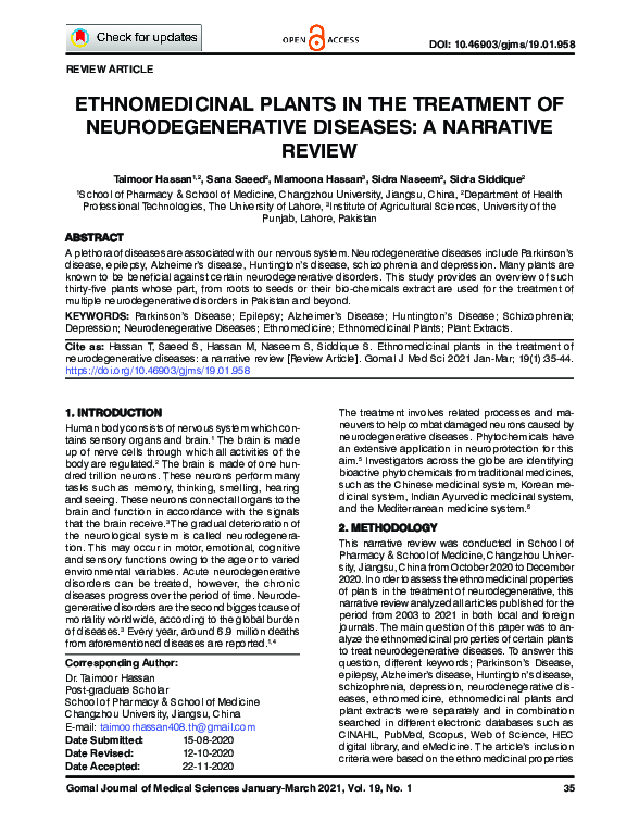 (PDF) Ethnomedicinal Plants in the Treatment of Neurodegenerative Diseases: A Narrative Review