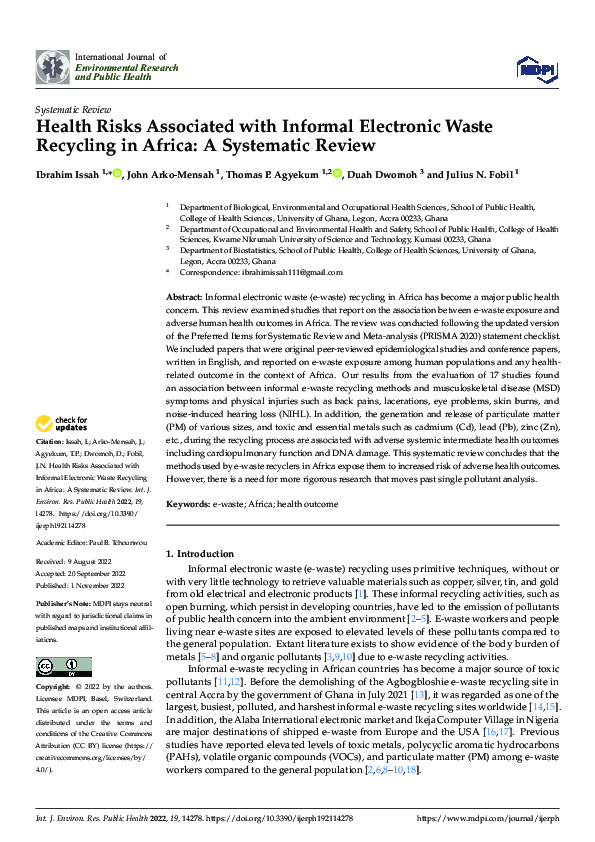 (PDF) Health Risks Associated with Informal Electronic Waste Recycling ...
