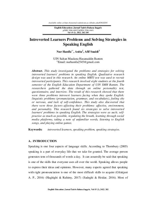 (PDF) Introverted Learners Problems and Solving Strategies in Speaking ...