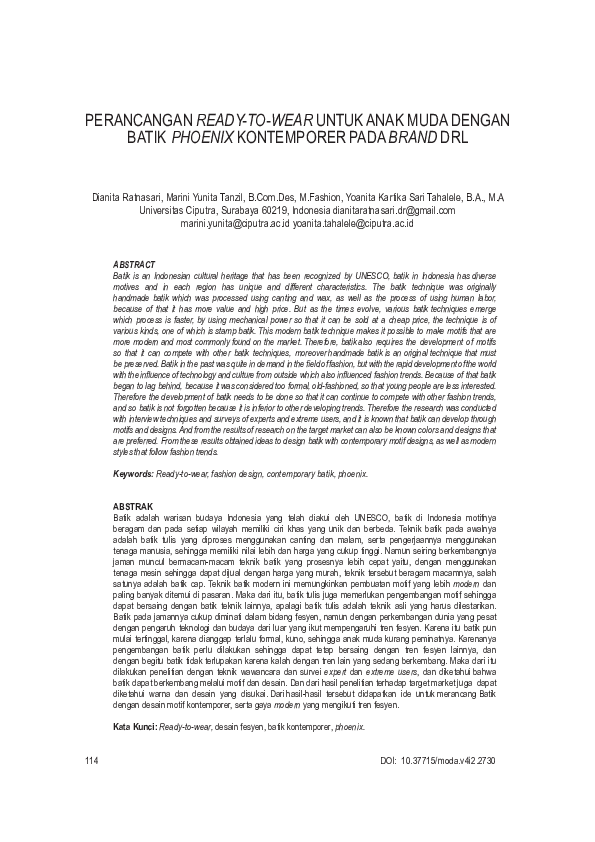 (PDF) Perancangan Ready-To-Wear Untuk Anak Muda Dengan Batik Phoenix Kontemporer Pada Brand DRL