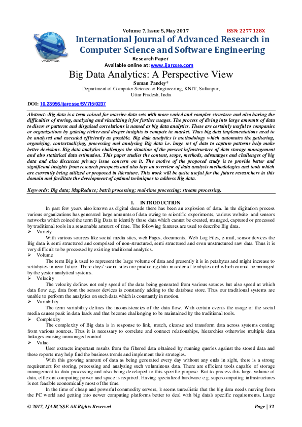 (PDF) Big Data Analytics: A Perspective View