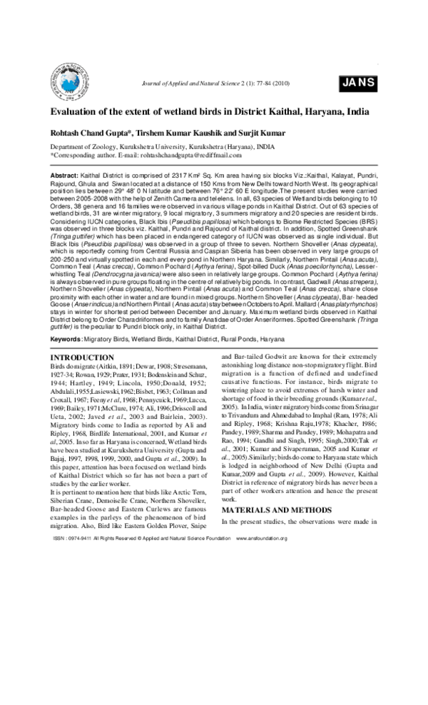 (PDF) Evaluation of the extent of wetland birds in District Kaithal, Haryana, India