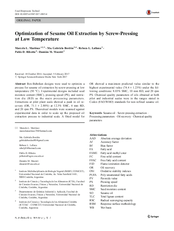 (PDF) Optimization of Sesame Oil Extraction by Screw-Pressing at Low ...
