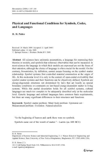 (PDF) Physical and Functional Conditions for Symbols, Codes, and Languages