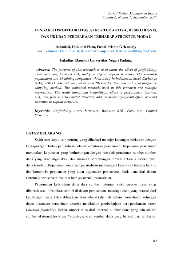 (PDF) Pengaruh Profitabilitas, Struktur Aktiva, Resiko Bisnis, dan Ukuran Perusahaan Terhadap ...