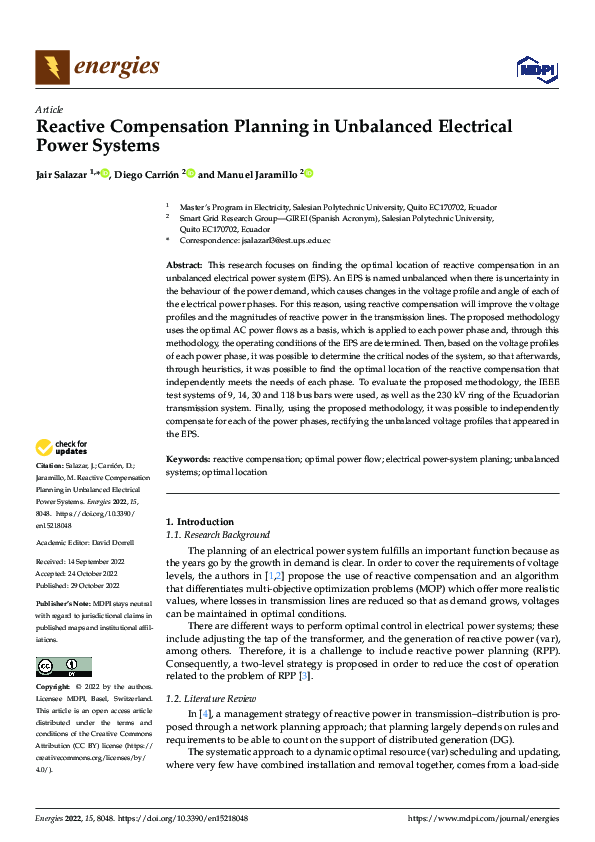 (PDF) Reactive Compensation Planning in Unbalanced Electrical Power Systems