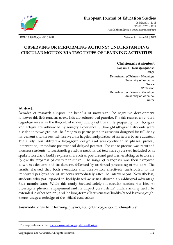 Pdf Observing Or Performing Actions Understanding Circular Motion Via Two Types Of Learning