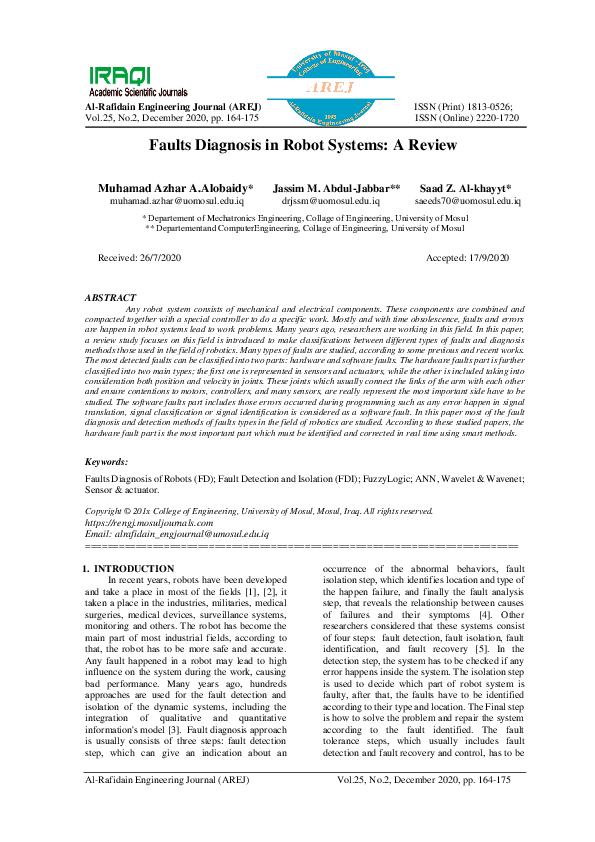(PDF) Faults Diagnosis in Robot Systems: A Review