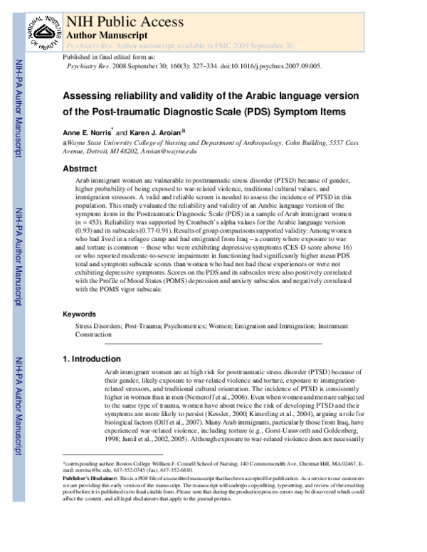 (PDF) Assessing reliability and validity of the Arabic language version of the Post-traumatic ...