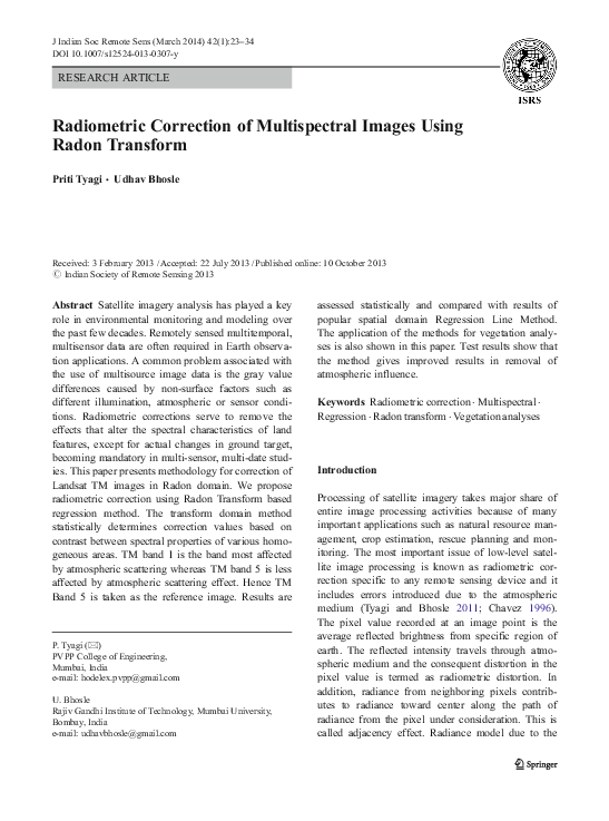 Pdf Radiometric Correction Of Multispectral Images Using Radon Transform