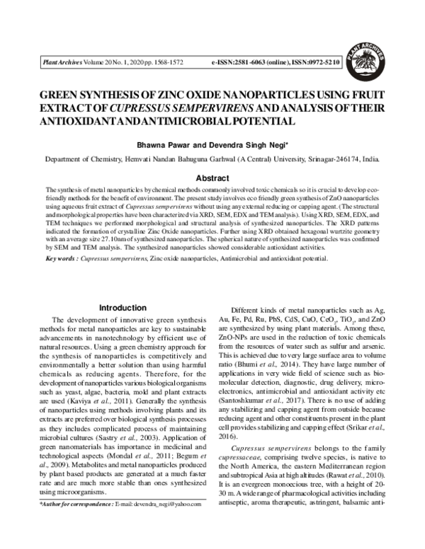 (PDF) Green Synthesis of Zinc Oxide Nanoparticles Using Fruit Extract of Cupressus Sempervirens ...