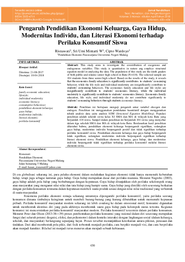(PDF) Pengaruh Pendidikan Ekonomi Keluarga, Gaya Hidup, Modernitas Individu, dan Literasi ...