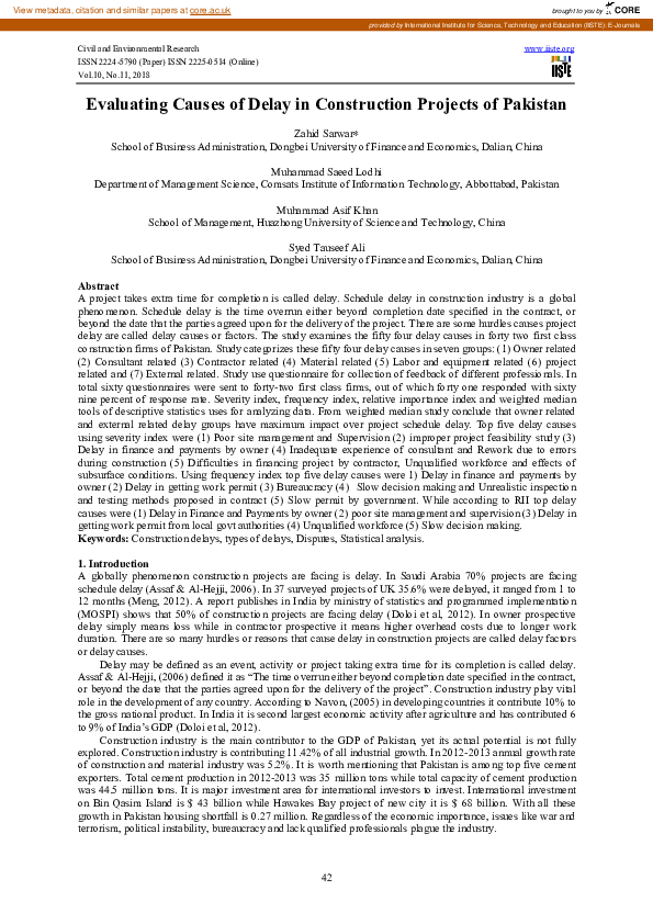 Pdf Evaluating Causes Of Delay In Construction Projects Of Pakistan