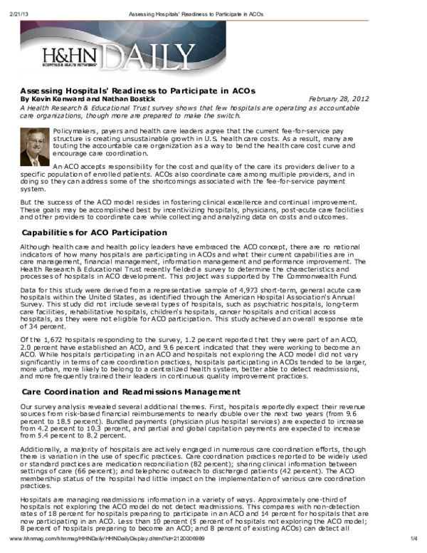 (PDF) Assessing Hospitals' Readiness to Participate in ACOs | Nathan ...