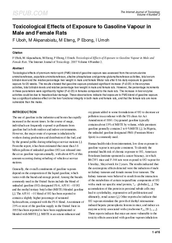 (PDF) Toxicological Effects of Exposure to Gasoline Vapour in Male and ...